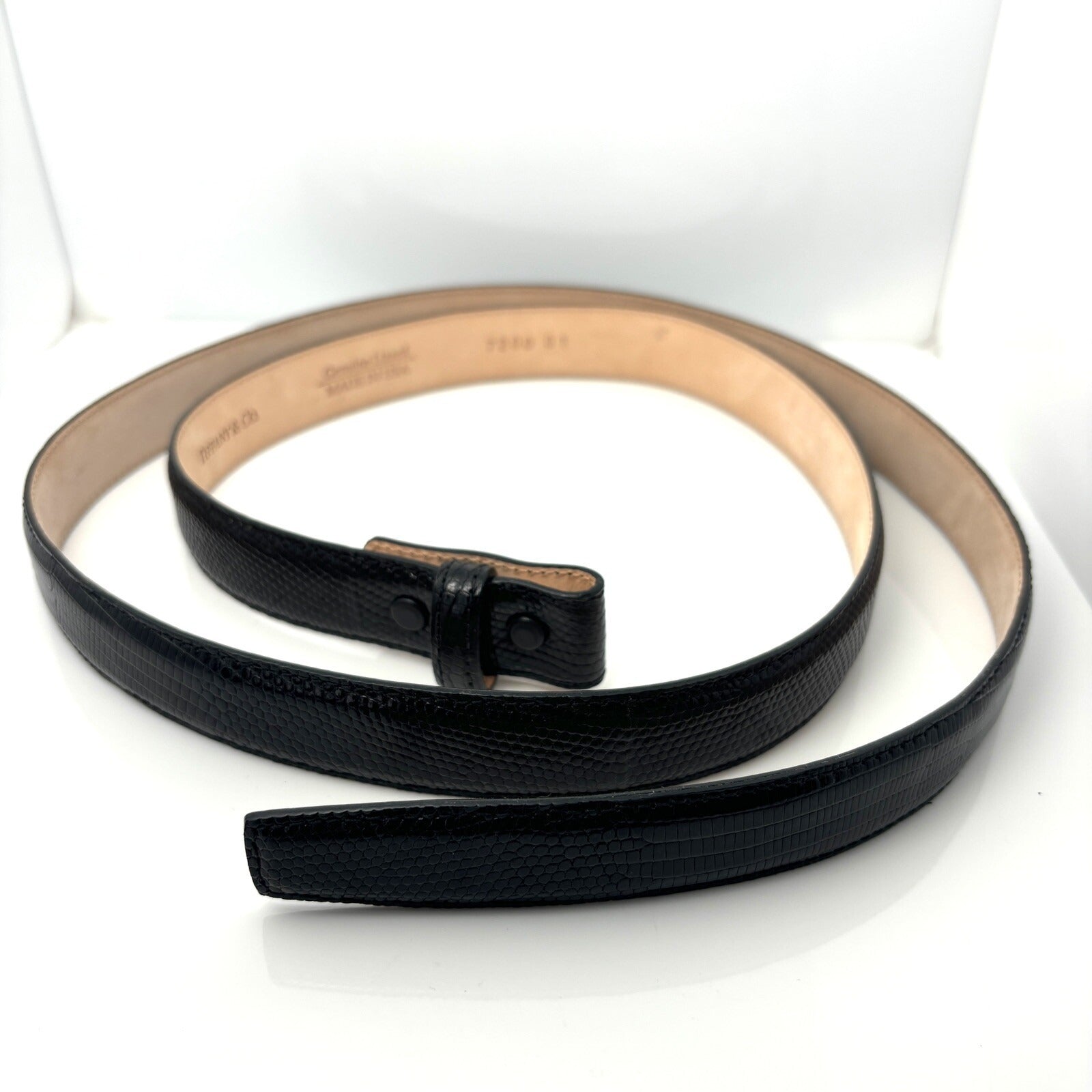 Tiffany & Co Black Lizard Skin Leather Mens Belt Size 32 | The Silver Trove
