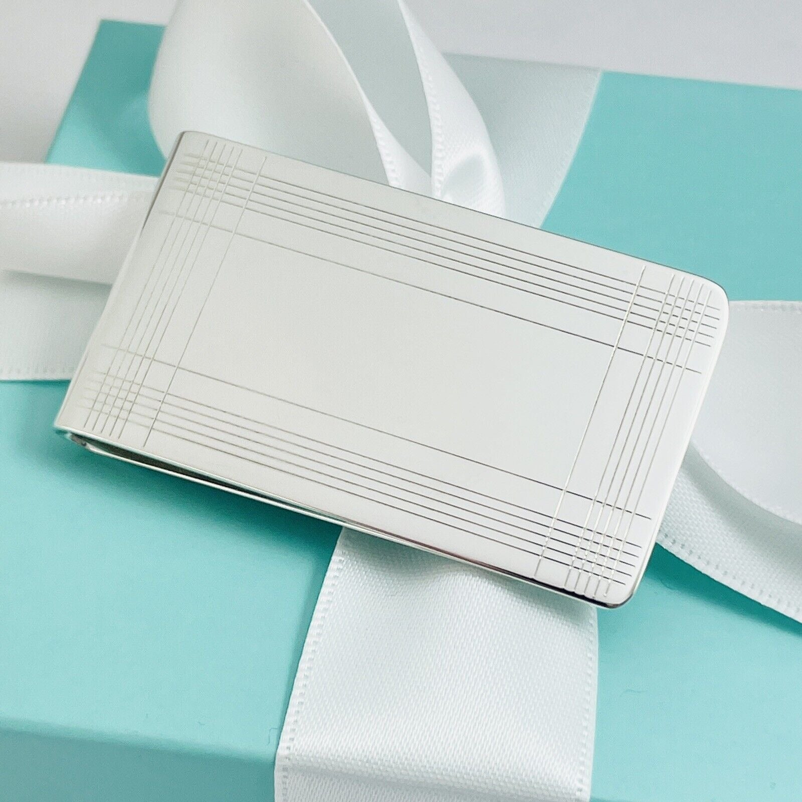 Tiffany & Co Machine Turned Pin Stripe Engravable ID Silver Money Clip ...